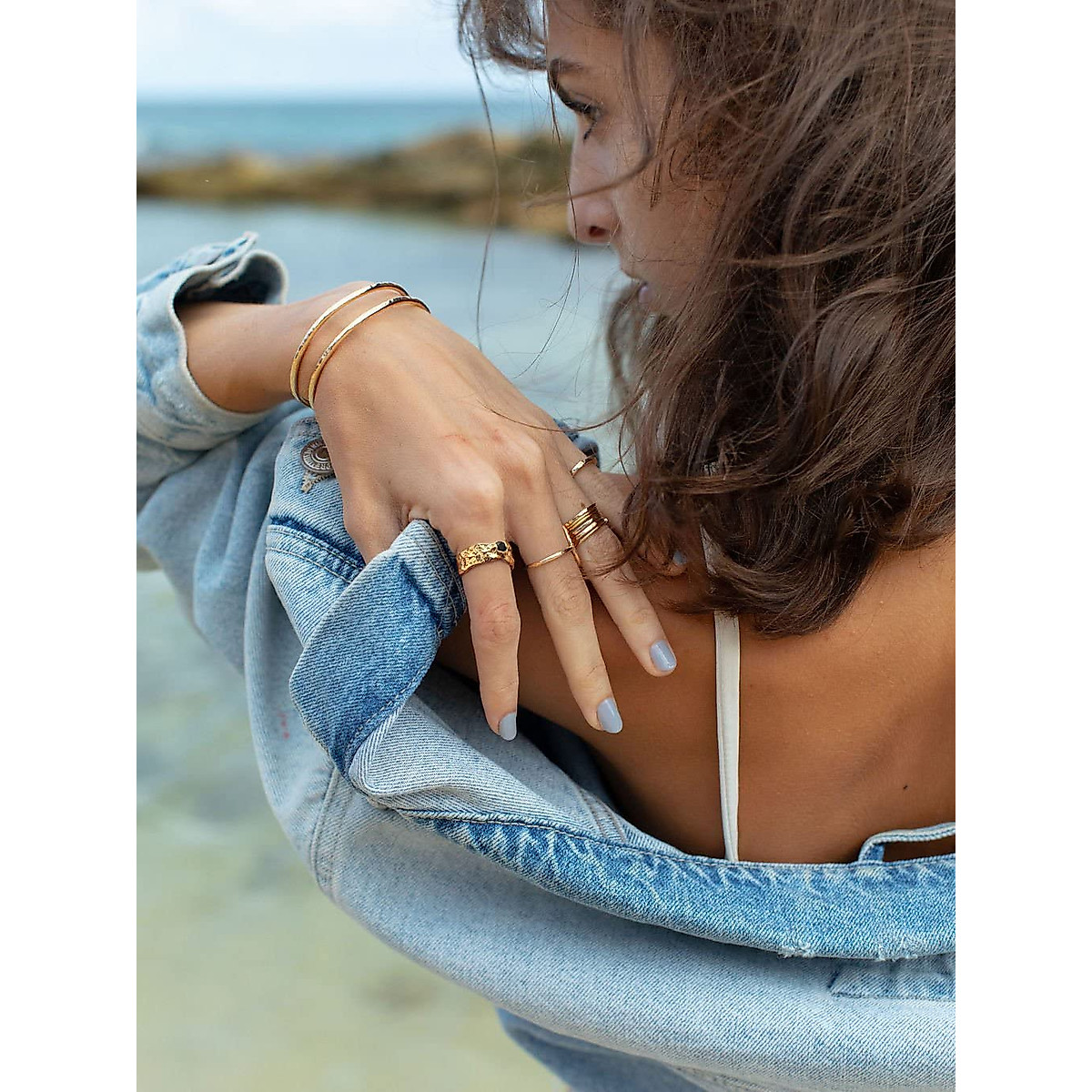 POTESSA 18K Gold Plated Open Statement Ring for Women Vintage Black Obsidian Band Ring Cocktail Rings for Her