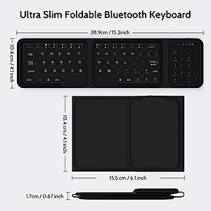 LAMA Foldable Bluetooth Keyboard, Folding Wireless Keyboard with Trackpad and Numeric Keypad, Portable Keyboards for iPad Tablet Smartphone Laptop PC Android Windows iOS, Support 3 Device
