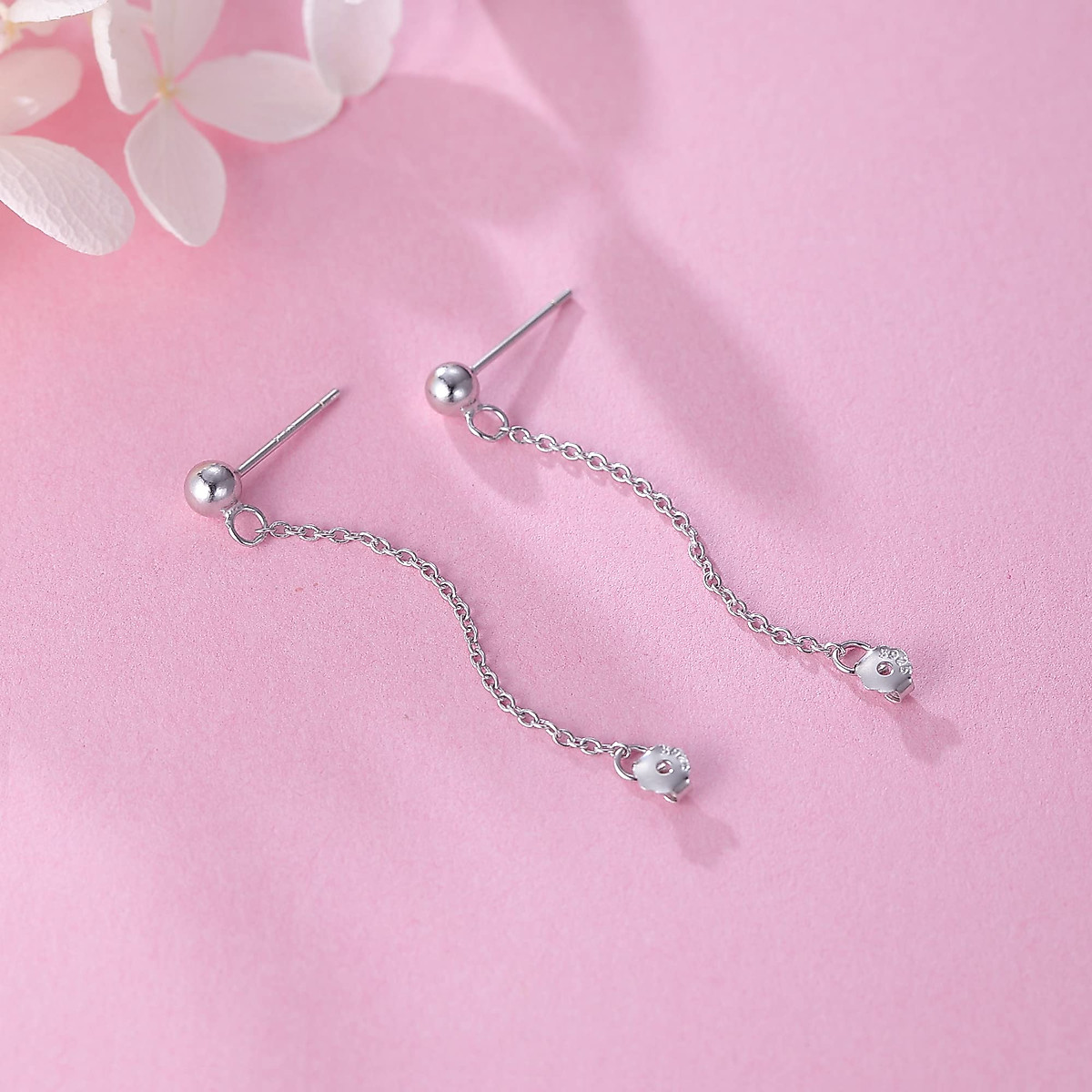 Reffeer Minimalist Ball Earrings with Chain Dangle Earrings for Women Teens Girls Dangle Earrings Studs Cute Solid 925 Sterling Silver Earrings(Silver)