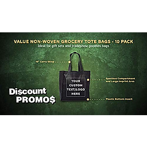 DISCOUNT PROMOS Custom Reusable Cloth Grocery Shopping Tote Bags - 10 Pack - Personalized Logo, Text - Foldable, Washable, Shopper Bag - Black