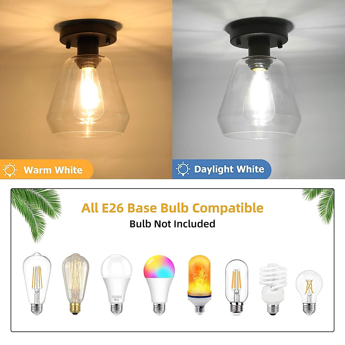 2-Pack Modern Industrial Semi Flush Mount Ceiling Light with Clear Glass Shade, Black Farmhouse Ceiling Light Fixtures for Hallway Bedroom Porch Kitchen Corridor, E26 Socket, Bulbs Not Included