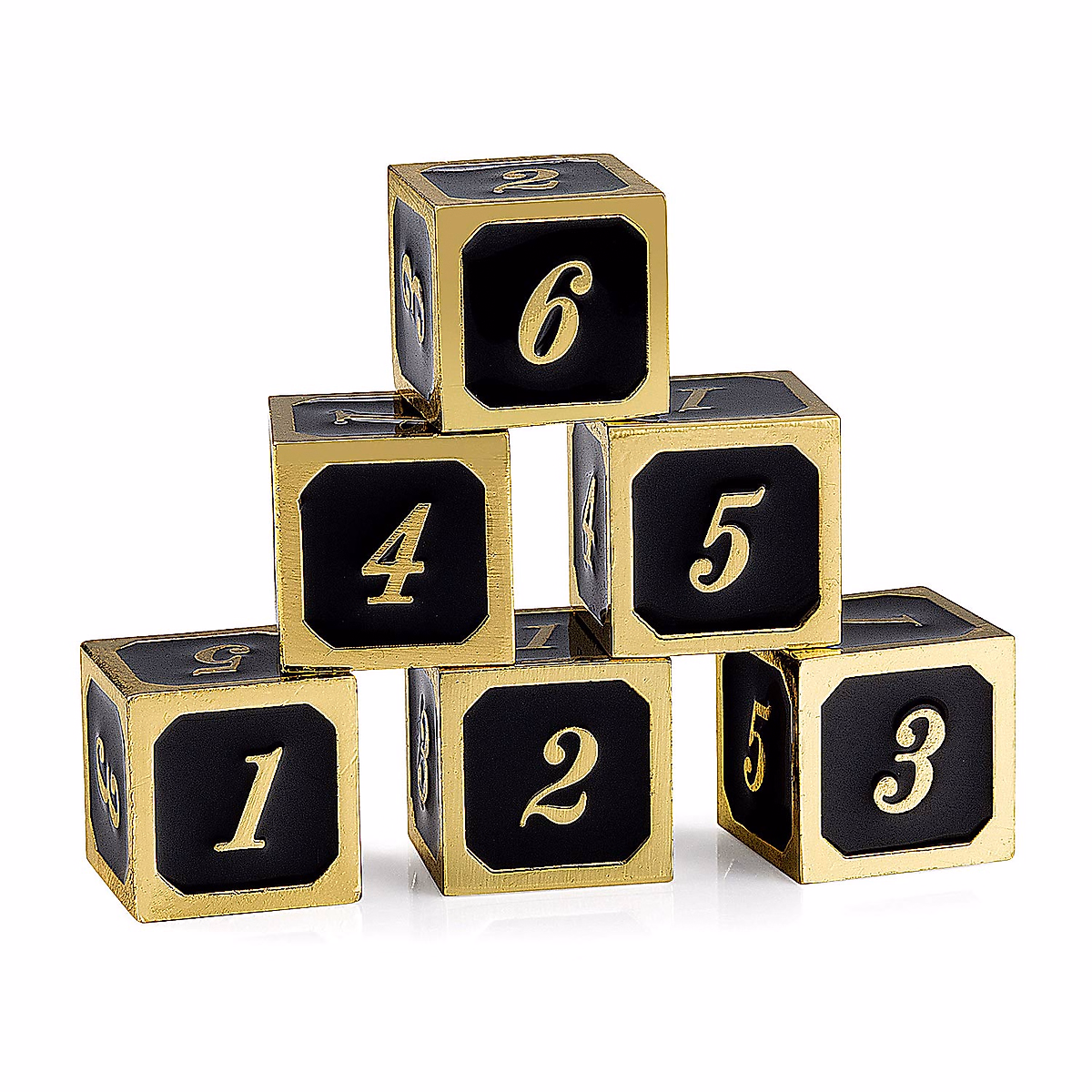 DNDND D6 Metal Dice Set, 6 Pieces 6 Sided Metal Die with Free Black Velvet Bag for DND Pathfinder Shadowrun or GURPs (Black with Gold Number)
