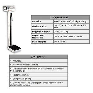 Detecto Physician Scale, Eye Level with Height Rod, Stainless Steel, 400lbs. Model#339S, Made in the USA