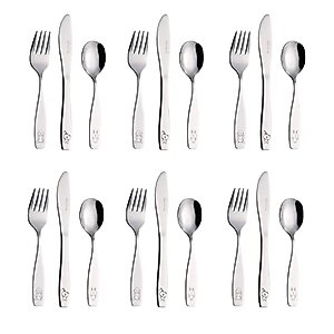 Exzact Exzact Children's Flatware Kids Silverware 18pcs/Toddler Utensils - 6 x Forks, 6 x Safe Dinner Knives, 6 x Dinner Spoons - Engraved Dog Cat Bunny
