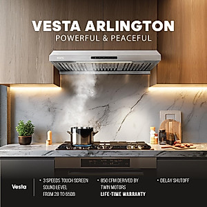 Vesta Arlington 850 CFM Powerful 30 Inch Under Cabinet Range Hood With Premium Stainless Steel Body, Twin Turbo Motors, 3 Speed Touch Screen, Delay Shutoff, Round Vent, LED Lights, Long Oil Collector