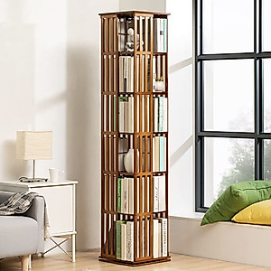 FLTRGO 6-Tier Corner Book Shelf, Student Bookshelf, 360° Bamboo Rotating Storage Display Rack Standing Shelves with Open Design Shelving for Living Room Study Room Office, Natural