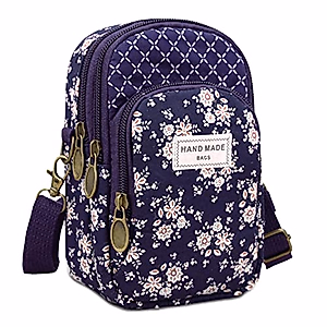 WITERY Canvas Multi-Pockets Cell Phone Purse- Cute Floral Small Crossbody Bag with Adjustable Shoulder Strap, Zipper Smartphone Wallet for Women Girls