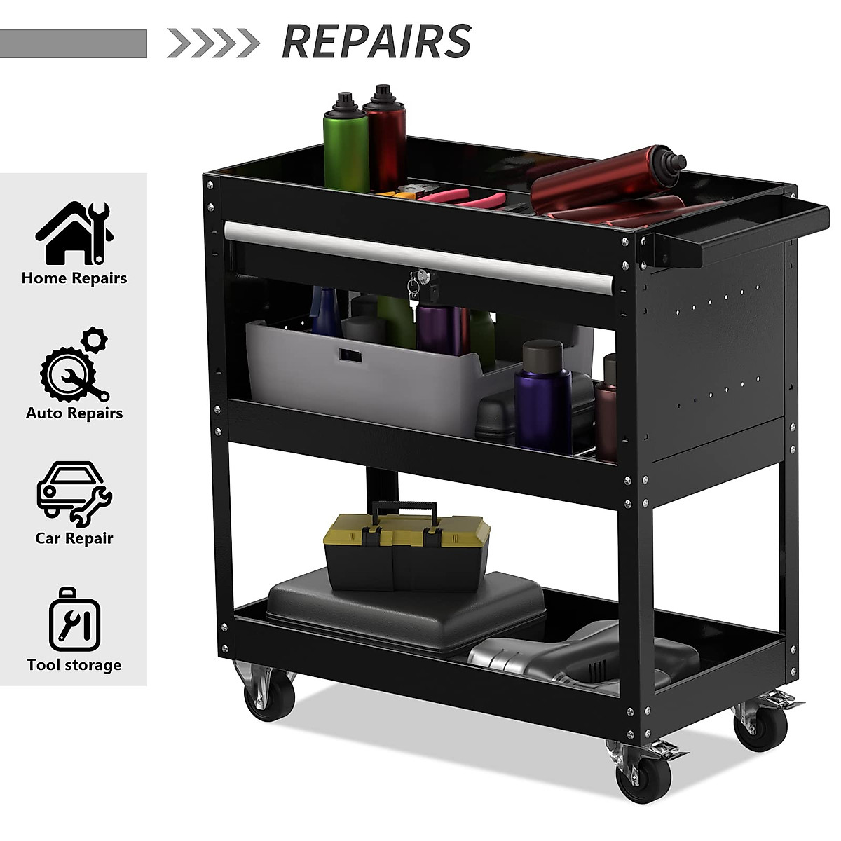 3-Tray Rolling Tool Cart,330 LBS Capacity Utility Tool Cart on Wheels with Lockable Drawers, 3 Tier Utility Tool Organizer Cart for Garage, Warehouse, Workshop & Repair Shop