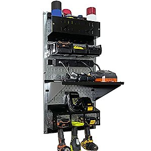 Wall Control Power Tool Storage Organizer Kit Cordless Drill Holder Charging Station Rack 16” x 32” Metal Pegboard Organization System (Metallic Pegboard)