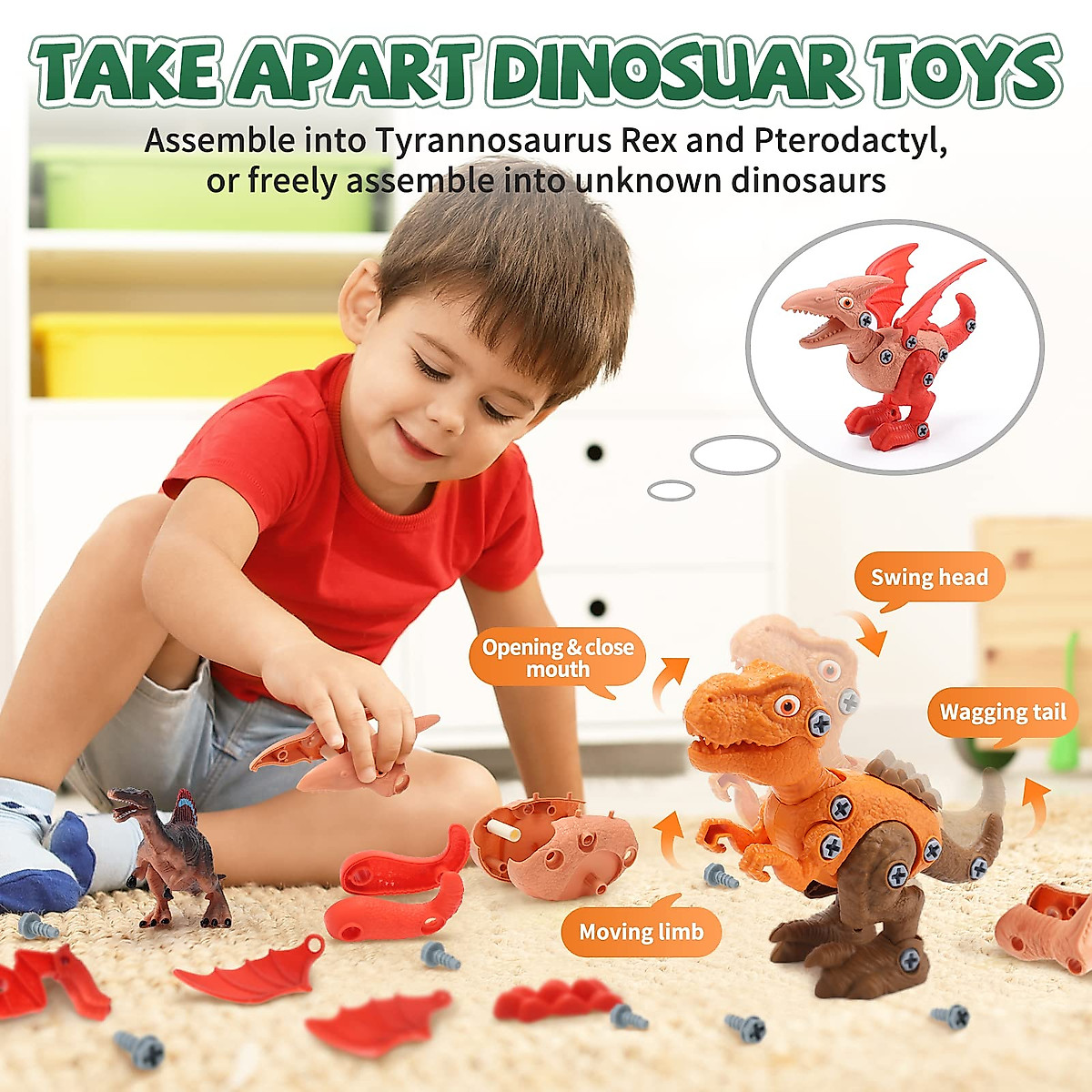 skirtoy DIY Building Dinosaur Toys for Kids, Take Apart Dinosaur Transport Truck with Playmat, 2 Dinosaur Toy, 4 Dino Figures, 2 Tools, Dinosaur Construction Playset Birthday Gift for Boy Girl