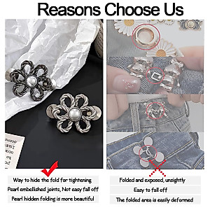 8 Sets Flower Jeans Button Pant Waist Tightener, Adjustable Waist Buckle Sets No Sew and No Tools Detachable Decorative Waist Buckles, Jean Buttons Pins for Loose Jeans, Pants, Skirts, Sleeves