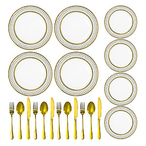 DUEBEL 4-Person Dinner Service Set, Includes 4 Ceramic Dinner Plates and 4 Ceramic Salad Plates with Gold Rim, 4 Cutlery Set for 4 Persons, Modern & Stunning Design