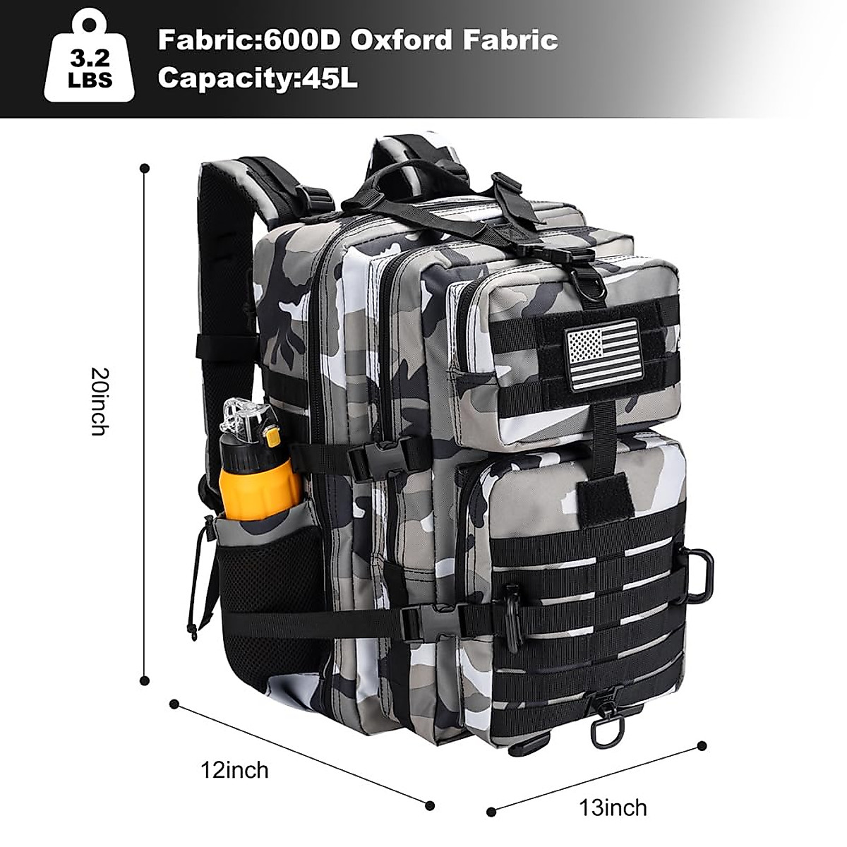 Hannibal Tactical 45L MOLLE Assault Pack, Tactical Backpack Military Army Camping Rucksack with Bottle Holder, 3-Day Pack Trip w/USA Flag Patch, D-Rings, Urban