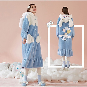 MEOKIM Women's robe button bathrobe Women's hoodie coat plush warm pajamas Long sleepwear with cute pattern pocket pajamas (Cloud Dog,XL)