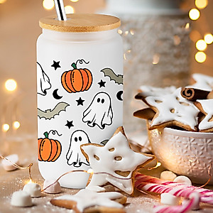 Halloween Cups Mugs Pumpkin Ghost 16Oz Iced Coffee Glass Cups with Lids and Straws Cute Halloween Gifts for Women Kids Teens Adults Spooky Gifts for Girls Boys Halloween Tumbler Fall Smoothie Cup