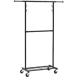 Gewudraw Clothing Garment Rack, Extendable Clothes Rack with Wheels, Bottom Shelves and Hooks, Double Rod Garment Rack Portable Closet Organizer, 64.4 inches