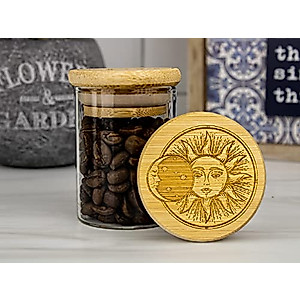 Sun and Moon 60ML Glass Food Storage Container and Decorative Engraved Air Tight Bamboo Lids Multi-Use Jar Herbs, Coffee, Tea, Sugar, Candy Apothecary Accessories for The Bedroom Kitchen Pantry