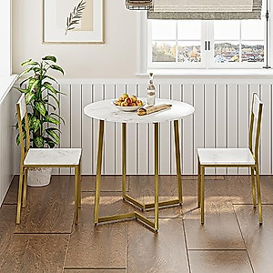 Masupu Small Round Dining Table Set for 2, Wood Marbled Tabletop with Steel Frame, Modern Dinette with Chairs for Kitchen Breakfast Nook Living Room, White and Gold