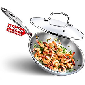 Mueller DuraClad Tri-Ply Stainless Steel 8-Inch Fry Pan with Lid, Extra Strong Cookware, 3-layer Bottom, Even Heat Distribution, Ergonomic and EverCool Stainless Steel Handle