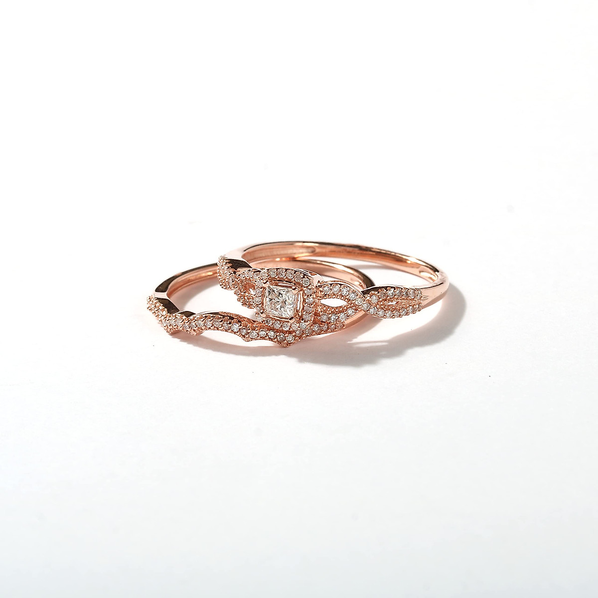 DZON IGI Certified 10k Rose Gold 3/8CT TDW Princess & Round Cut Diamond Halo Engagement Ring Set Love Gift for Women (I-J, I2)