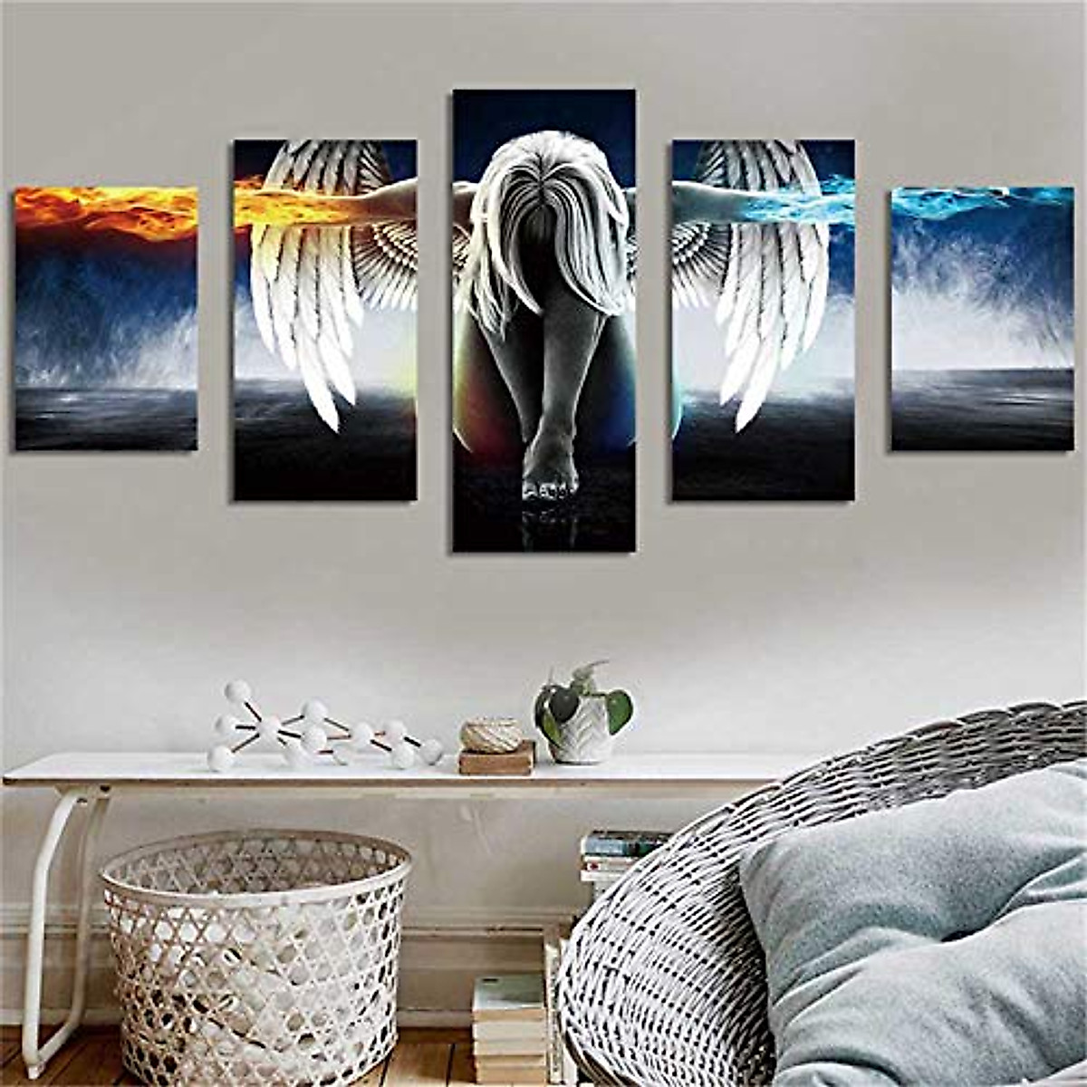 DIY 5D Diamond Art Kits for Adults,Fire Water Angel Magic Wings 5 Piece Multi Full Drill Diamond Embroidery Kit Home Office Wall Art Decor Paint by Numbers 17.7x37.4 inch