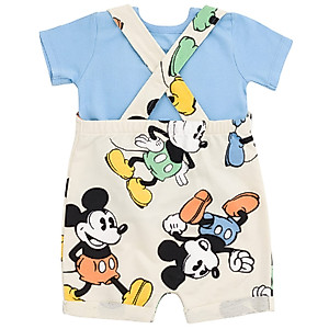 Disney Mickey Mouse Newborn Baby Boys Short Overalls T-Shirt and Hat 3 Piece Outfit Set Khaki/Blue 6-9 Months