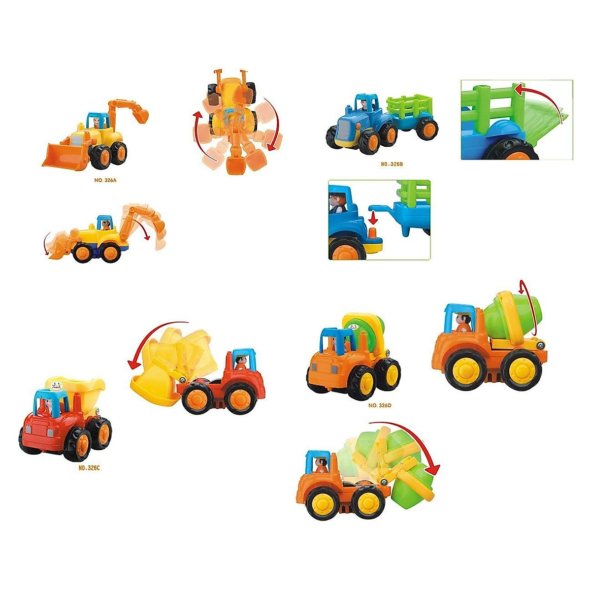 Berry President Set of 4: Early Educational Push and Go Friction Powered Car Tractor Bulldozer Mixer Truck and Dumper Toys for Toddler Baby Children Kids Boys Girls (4EngineeringCar)