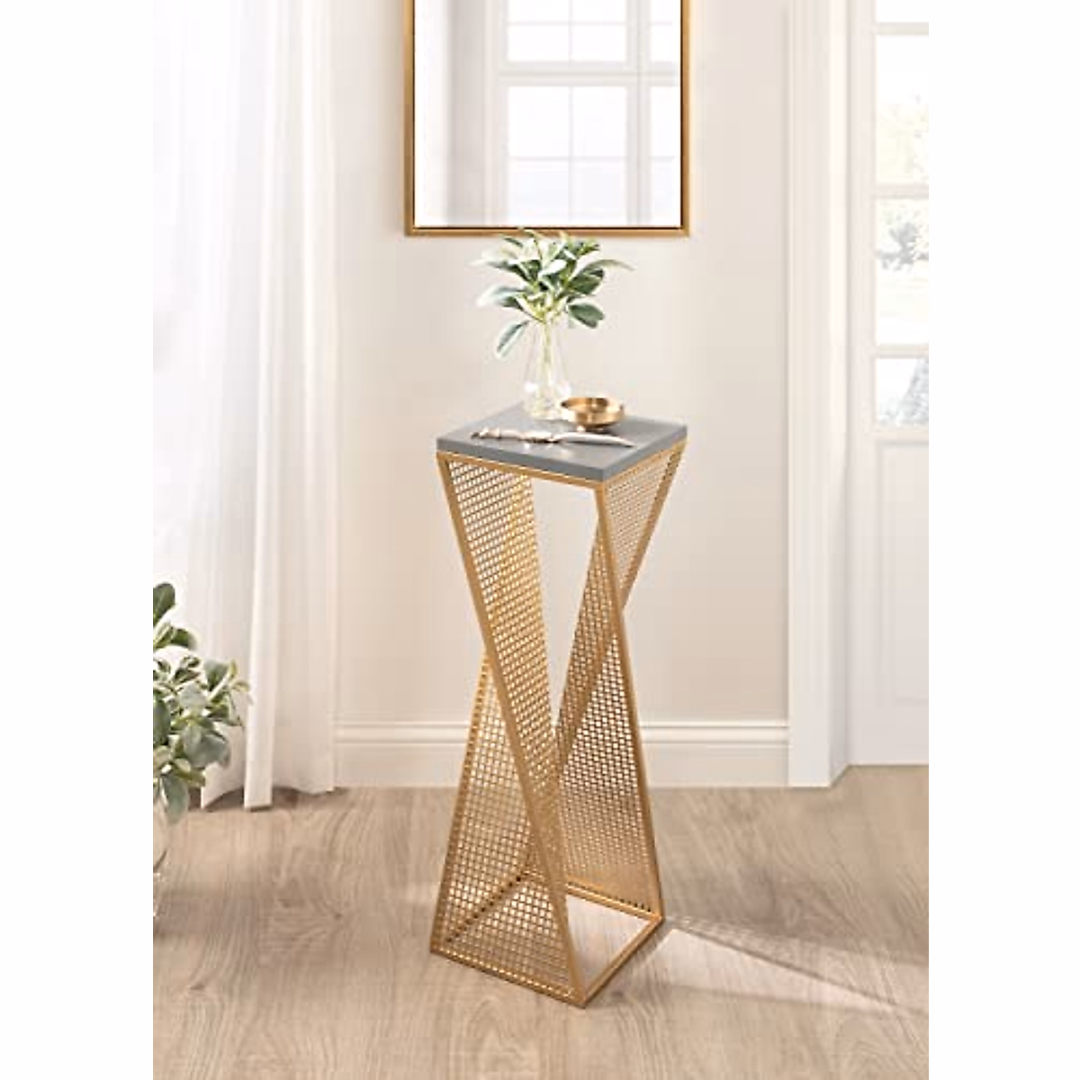 Kate and Laurel Elita Mid-Century Modern Industrial Wood and Metal Pedestal End Table for Storage and Display, 10x10x30, Gray/Satin Gold