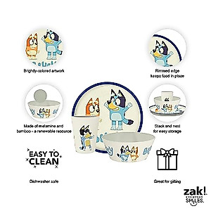 Zak Designs Bluey Kids Dinnerware Set 3 Pieces, Durable and Sustainable Melamine Bamboo Plate, Bowl, and Tumbler are Perfect For Dinner Time With Family (Bluey, Bingo, Bandit, Chilli)