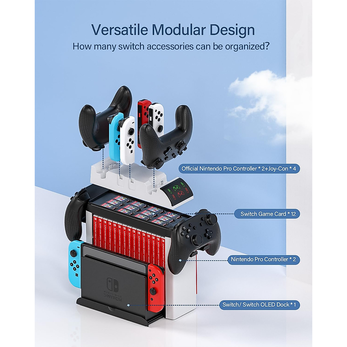 Switch Games Organizer Holder and Charging Dock for Nintendo Switch & Switch OLED Joy-Cons/Original Switch Pro Controller - Nargos Switch Storage Rack Stand Accessories kit