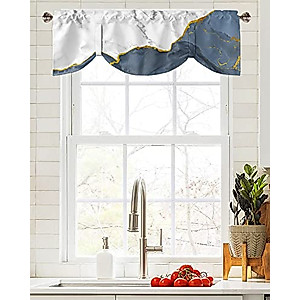 Tie Up Curtain Valance for Kitchen,Marble Texture Watercolor Blue Gold and White Colors Window Valances Adjustable Tie-up Shade Valance,Ink Painting Rod Pocket Short Curtains for Bathroom 60x18in