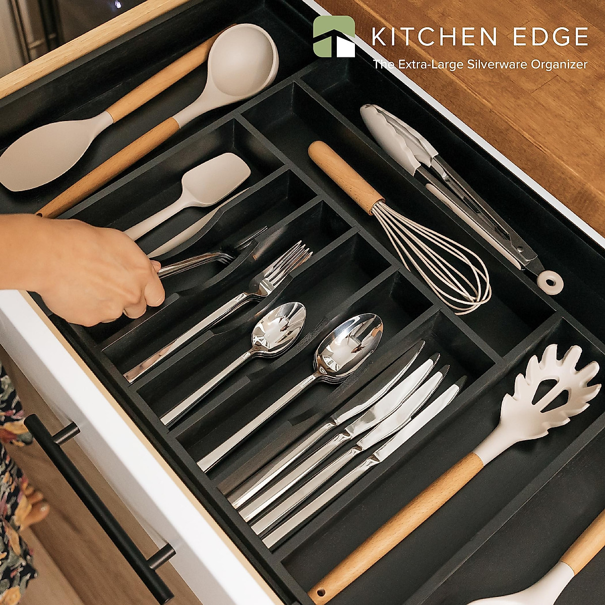 KitchenEdge Premium Silverware, Flatware and Utensil Organizer for Kitchen Drawers, Food-Safe Contract Grade, Expandable from 18 to 33 In, Black Bamboo