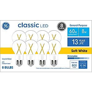 GE 60 Watt EQ A19 Classic Crystal Clear Soft White Medium Base (e-26) Dimmable LED Light Bulb 8-Pack