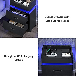 4ever2buy Black Night Stand with LED Light, Bedroom Night Stand Charging Station, LED Nightstand with 2 Drawers, Bedroom Side Table for Bedroom, Living Room