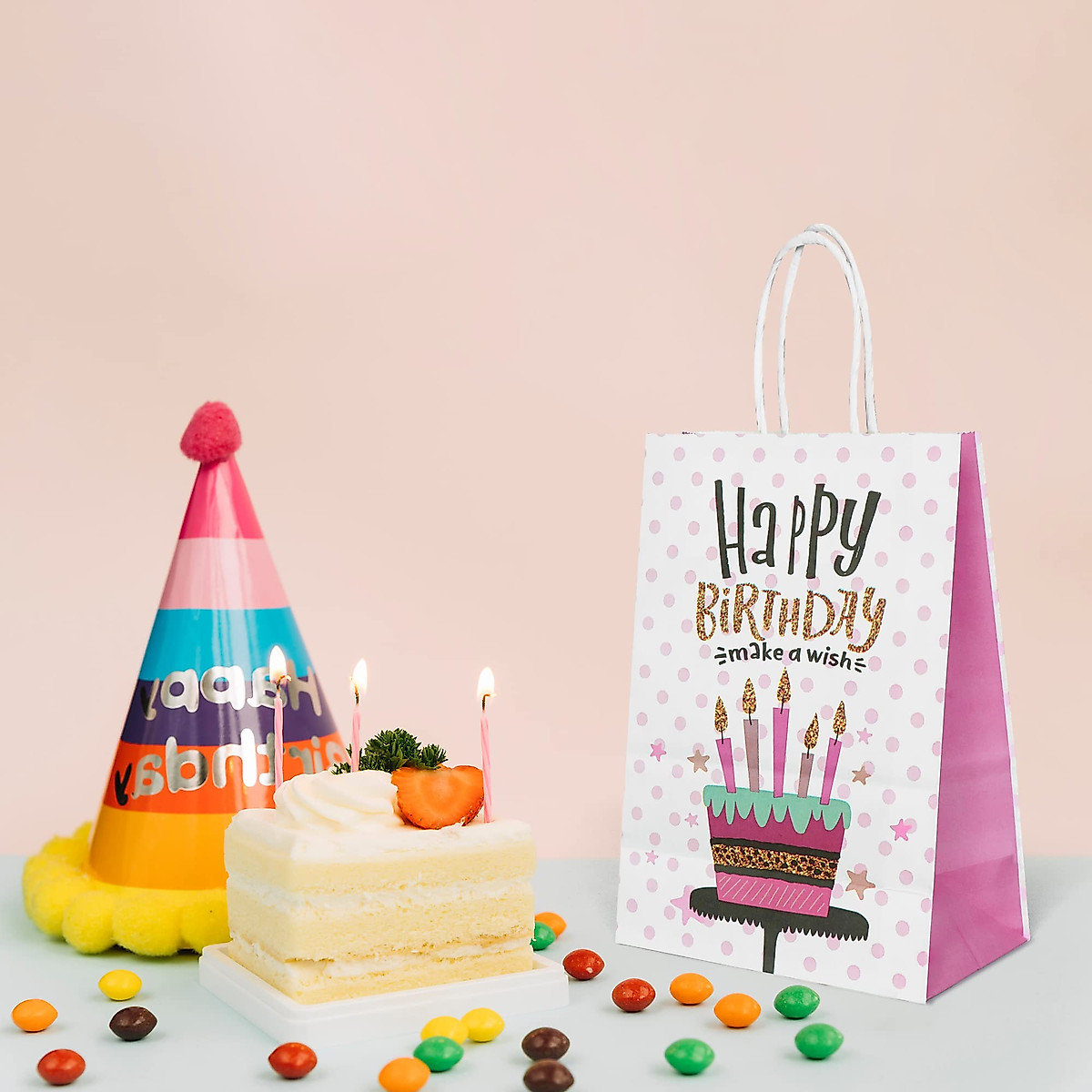 Pasisor 24 Pack Happy Birthday Small Ready-To-Go Gift Bag, Cute Party Favor Paper Bags with Handles Bulk (Pink,Balloon&Cake)