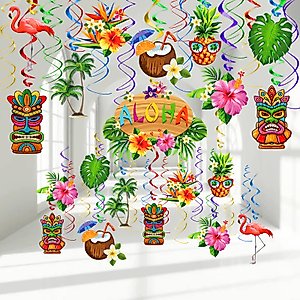 Luau Aloha Party Hanging Swirl Decorations Hawaiian Tropical Flower Palm Flamingo Sign Foil Ceiling Decor for Birthday Floral Tropical Party Summer Beach Pool Party Tiki Party Supplies 36pcs