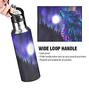 Galaxy Animal Wolf Abstract Water Bottle Vacuum Insulated Stainless Steel Thermos Mug Kids Water Bottle with Straw and Handle Keep Hot Cold Sport Bike Fit Travel Outdoor 20 oz