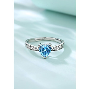 Vito 925 Sterling Silver Birthstone Rings for Women, Adjustable Open Heart Cubic Zirconia March Birthstone Ring Birthday Month Jewelry Gift for Mom Wife Daughter