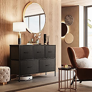 WLIVE 2-Drawer Nightstand and 5-Drawer Dresser Set, Fabric Storage Tower for Bedroom, Hallway, Nursery, Closets, Tall Chest Organizer Unit with Textured Print Fabric Bins, Steel Frame, Charcoal Black
