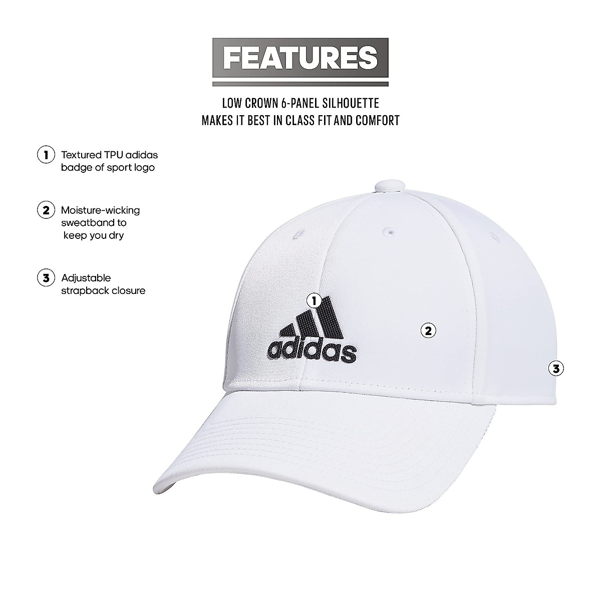 adidas Men's Decision Structured Low Crown Adjustable Fit Hat, White/Black, One Size