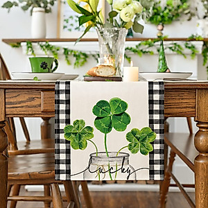 Artoid Mode Lucky Shamrock Vase St. Patrick's Day Table Runner, Seasonal Spring Buffalo Plaid Holiday Kitchen Dining Table Decoration for Indoor Outdoor Home Party Decor 13 x 72 Inch