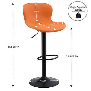 Youhauchair Bar Stools Set of 2, PU Leather Counter Height Barstools with Back, Height Adjustable Swivel Bar Chairs, Modern Armless Kitchen Island Stool, Orange