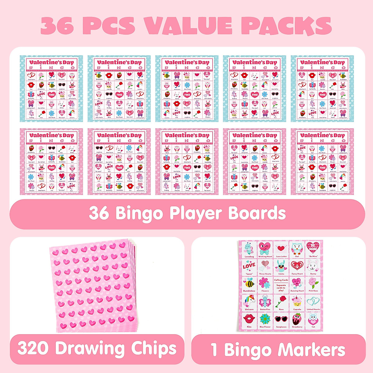 JOYIN 36 Players Valentines Day Bingo Cards (5x5) for Kids School Classroom Exchange Gift Rewards, Valentine’s Fun Party Games, Indoor Family Activities