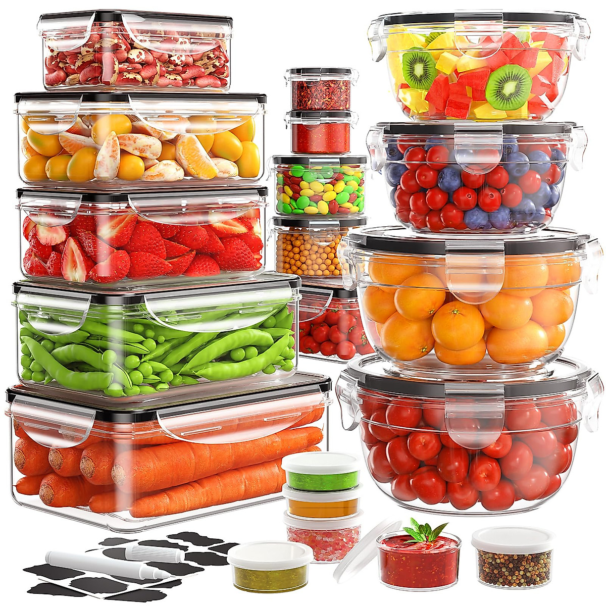 JSCARES 40 PCS Food Storage Containers with Lids Airtight (20 Lids &20 Containers) - Leakproof Meal-Prep Containers for Kitchen Storage Reusable Plastic Microwave/Dishwasher Safe with Labels & Pen