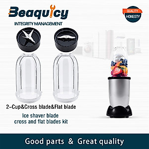 Beaquicy 2 Pack 16oz Cup with Cross Blade and Flat Blade Combo - Replacement for Mag-ic Bullet Blender Juicer 250W MB1001