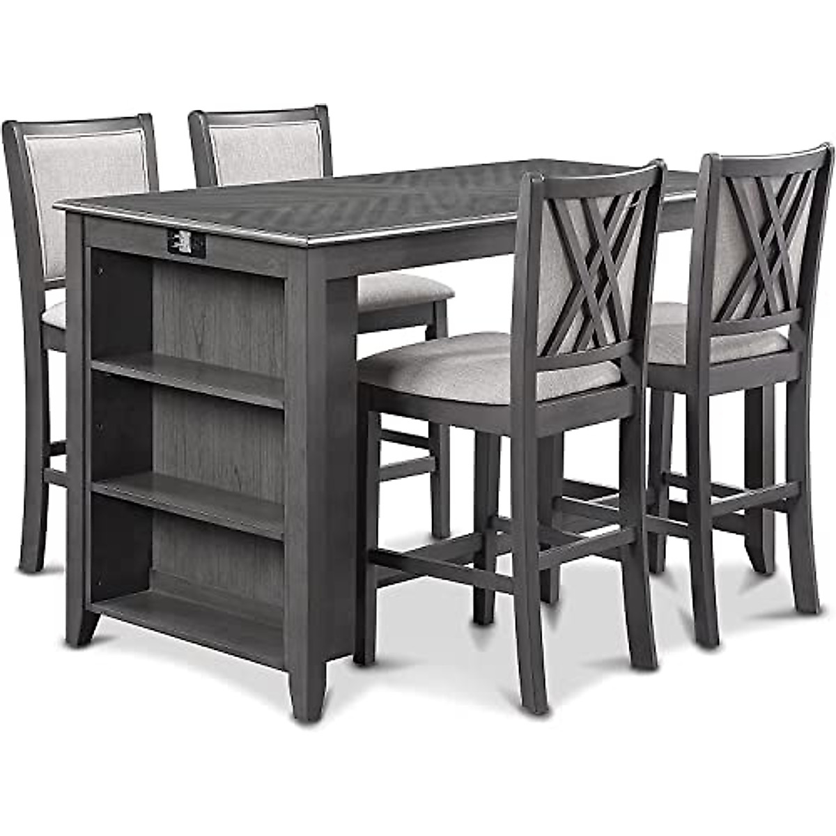 New Classic Furniture Amy Kitchen Counter Island Dining Table for 4 with Storage Shelf & USB Chargers, Contemporary Gray