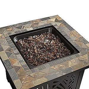 Endless Summer 30 Inch Square 50,000 BTU LP Gas Outdoor Fire Pit Table with Slate Tile Mantel, Cut Out Design, Fire Glass, and Cover, Brown Multi