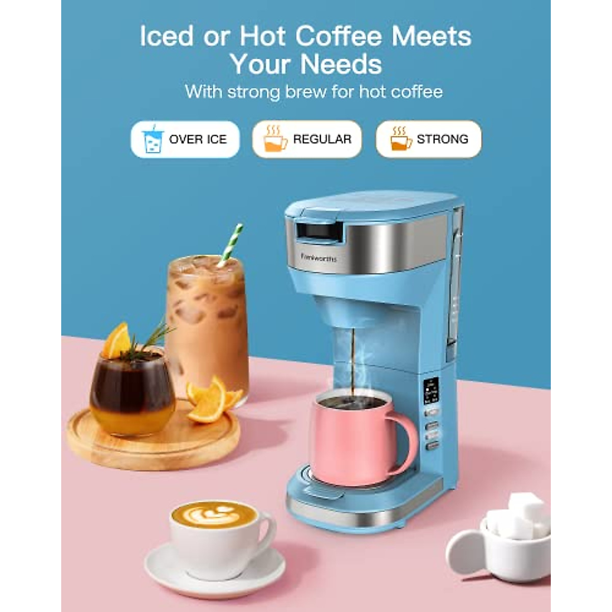 Hot and Iced Coffee Maker for K Cups and Ground Coffee, 4-5 Cups Coffee Maker and Single-serve Brewers, with 30Oz Removable Water Reservoir, 6 to 24Oz Cup Size, Pot and Tumbler Not Included, Blue