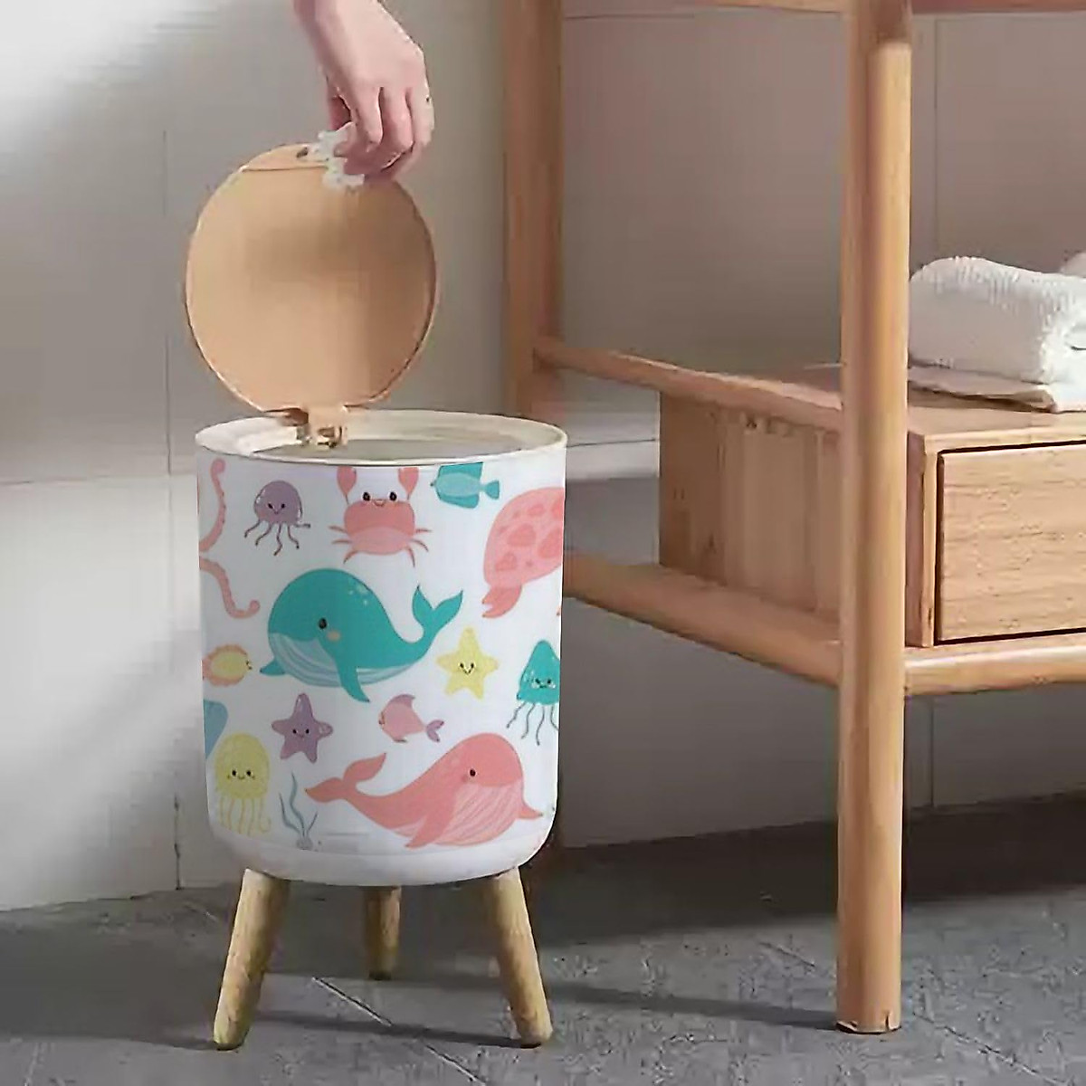 LGCZNWDFHTZ Small Trash Can with Lid for Bathroom Kitchen Office Diaper Cute Set sea Animals Collection Fish Crab Jellyfish Stingray Bedroom Garbage Trash Bin Dog Proof Waste Basket Cute Decorative