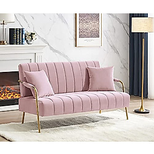 Majnesvon 61" Modern Velvet Loveseat Sofa,Upholstery Love Seat Couches with Tufted Backrest,Golden Metal Legs,Accent Sofa for Living Room Bedroom Apartment Office (Pink)